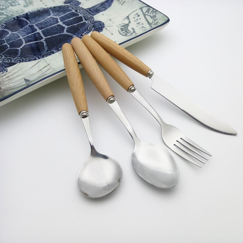 Wooden Handle Knife Fork Spoon Dinnerware Set Stai... – Vicedeal