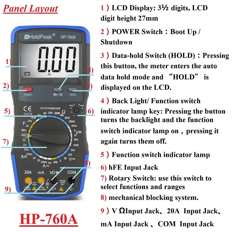 Multimetro HoldPeak HP-760A Digital Multimeter Cap... – Grandado