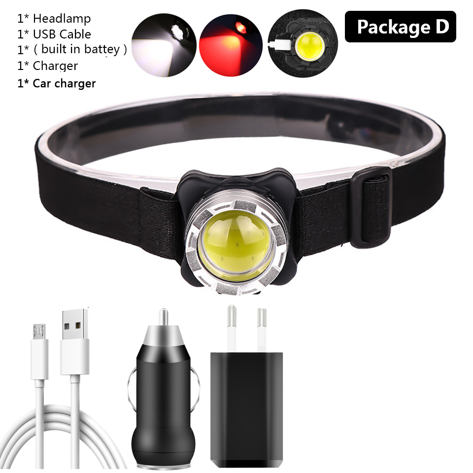Usb genopladelig forlygte cob led hvid rød belysni... – Vicedeal