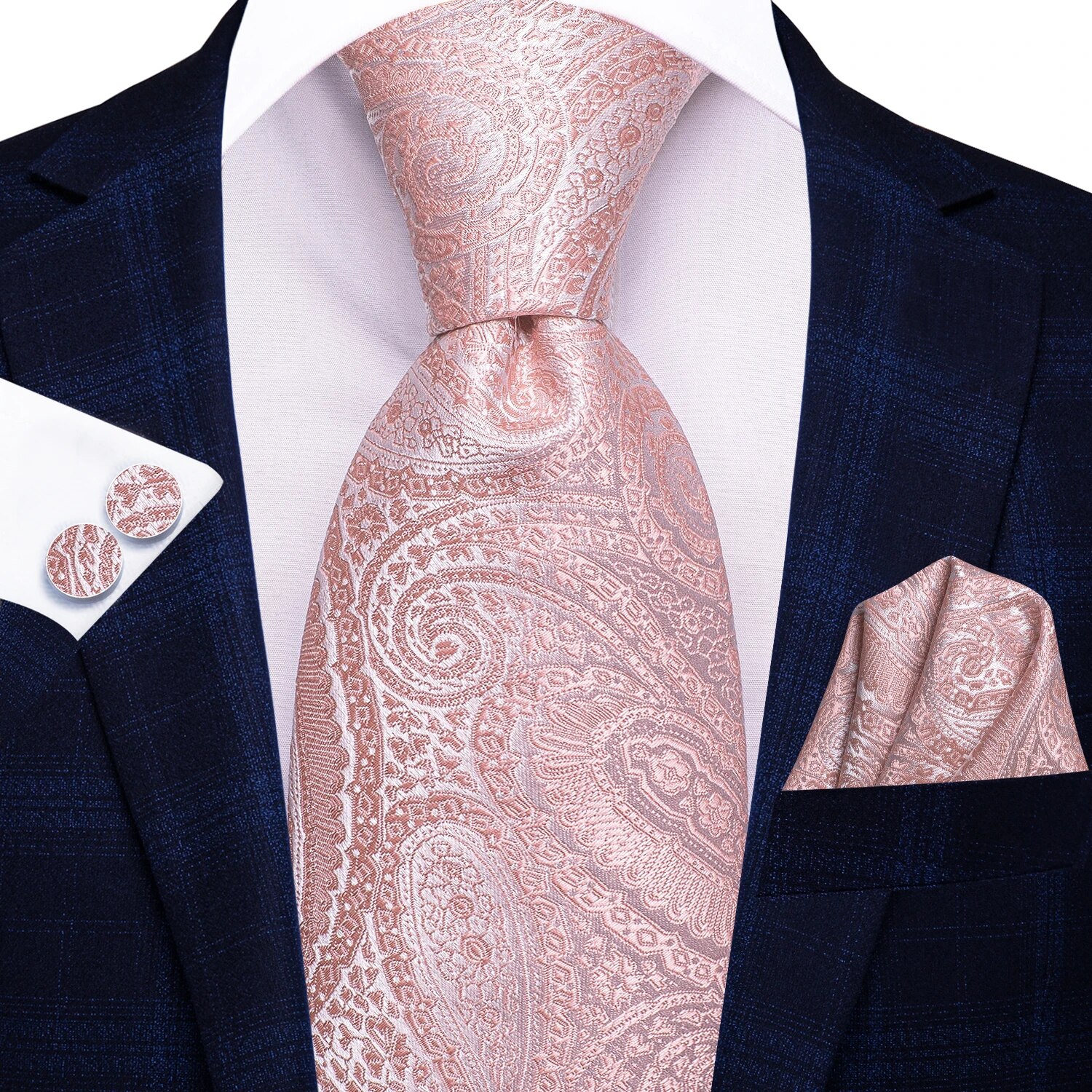 Hi-Tie Peach Pink Silver Floral Silk Wedding Tie F... – Grandado