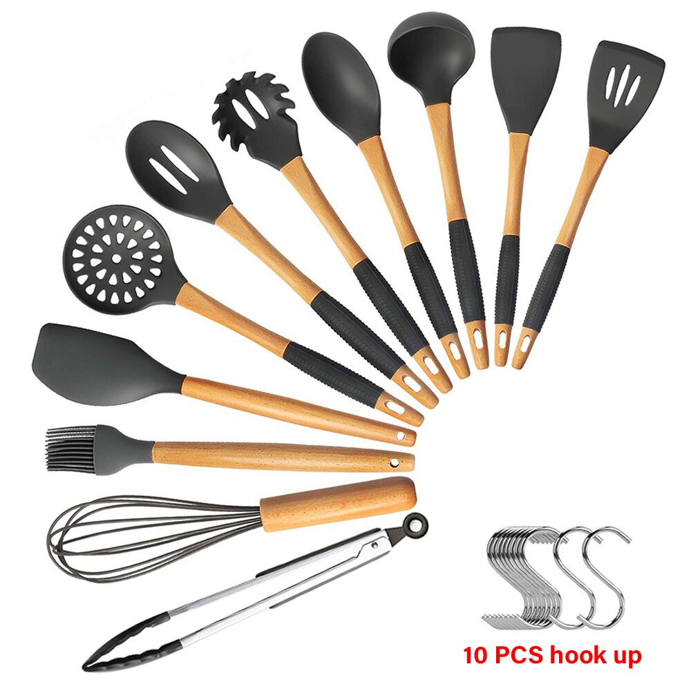 11Pcs Silicone Cooking Tools Set Wooden Handle Kit... – Grandado