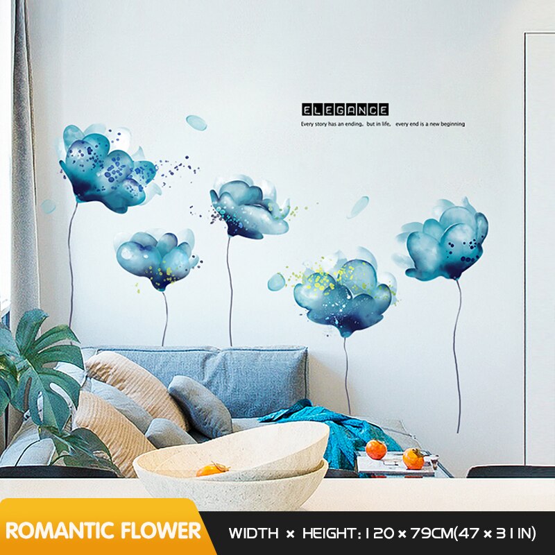 Romantic Blue Flowers Wall Sticker Living Room Bed... – Grandado