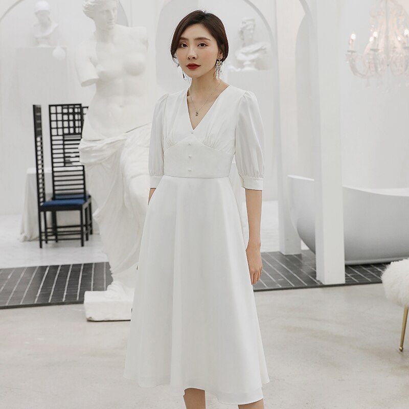 Yigelila kvinde hvid lang kjole v-hals lanterne ær... – Grandado