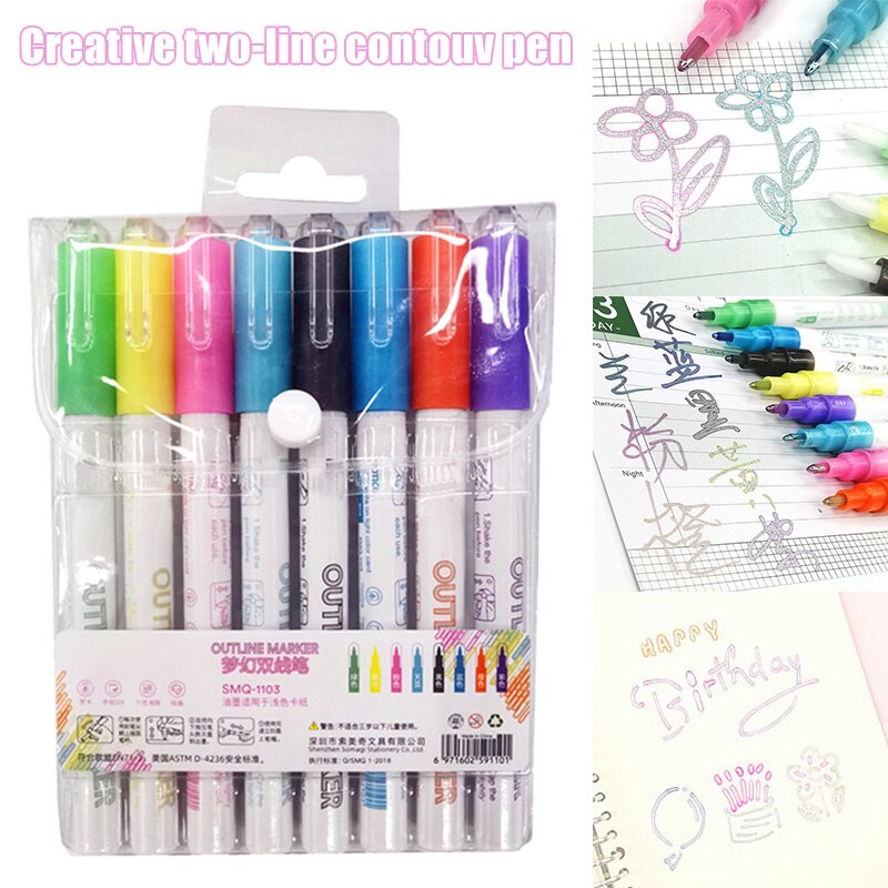 8 Color Double Line Outline Pen Double Colors Mark... – Vicedeal