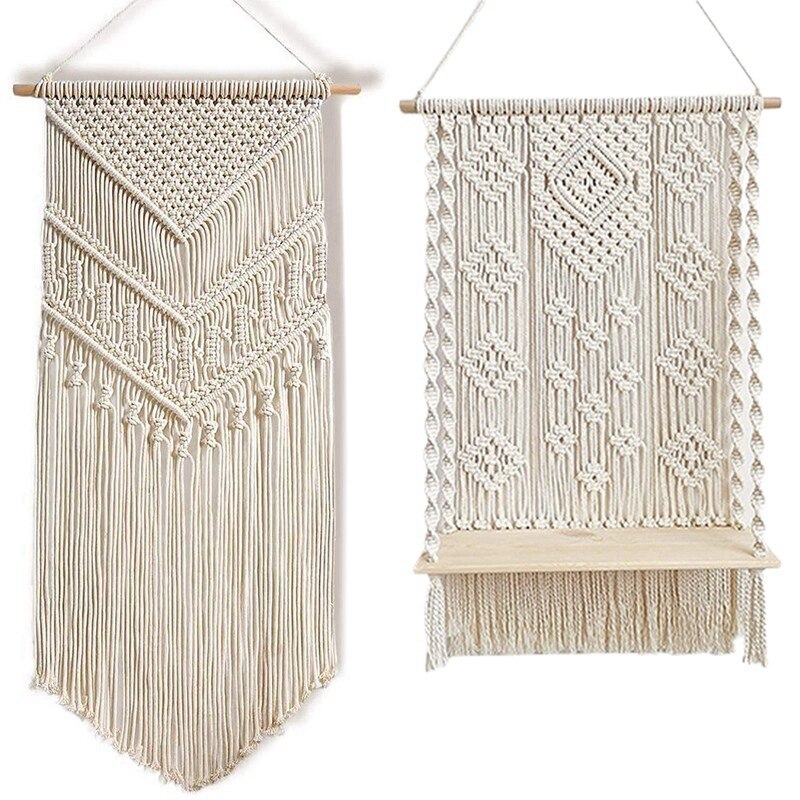 2 Piece Set of Macrame Wall Hanging Shelf for Plan... – Grandado