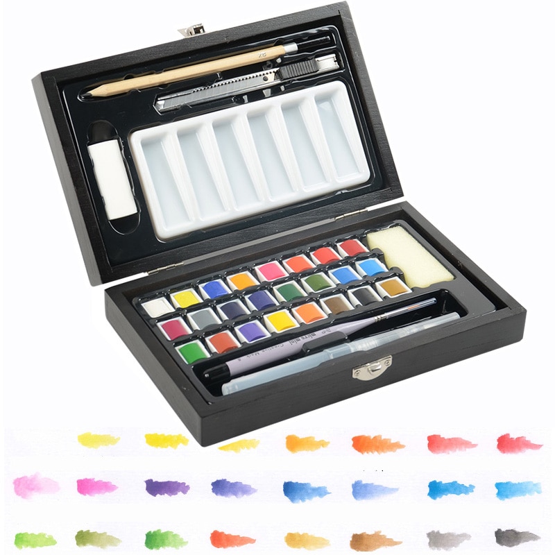 24 kleuren Solid Aquarel Verf Set met Water Kwast ... – Grandado