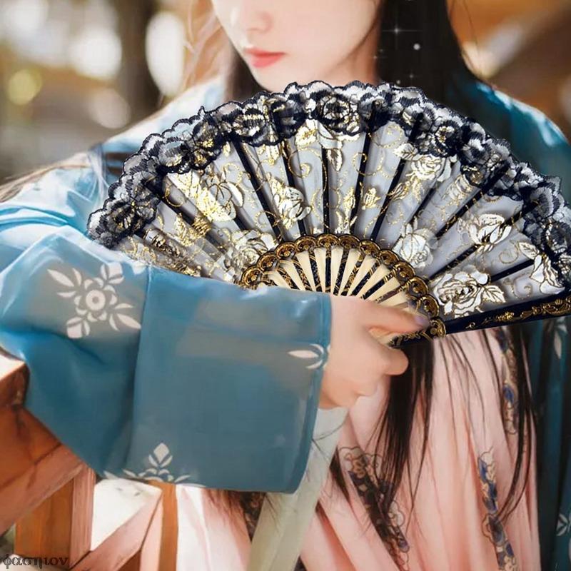 Rose Flower Lace Fans Chinese Style Dance Wedding ... – Grandado