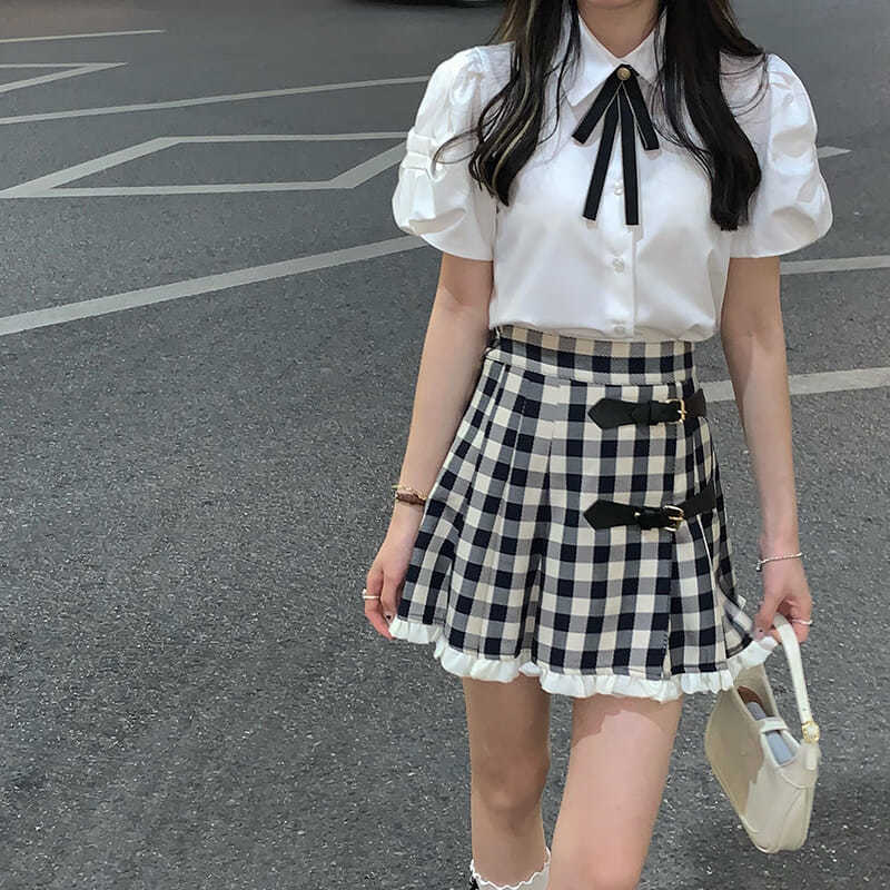 HOUZHOU Kawaii Plaid Skirt Women Korean High Waist... – Grandado