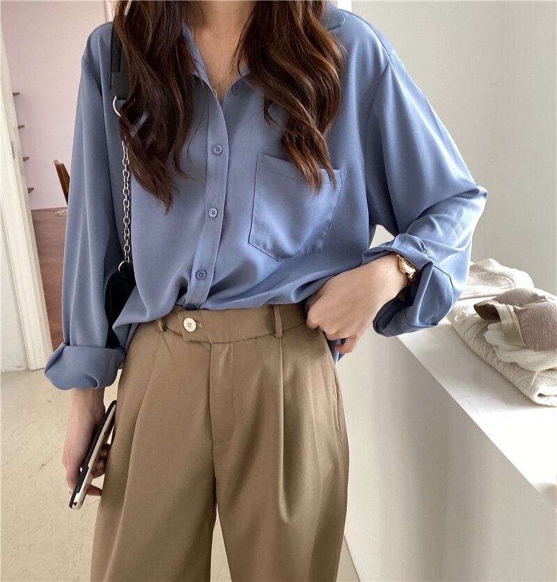 Grey-Blue Full Sleeves Solid Chic Office Lady Kore... – Vicedeal