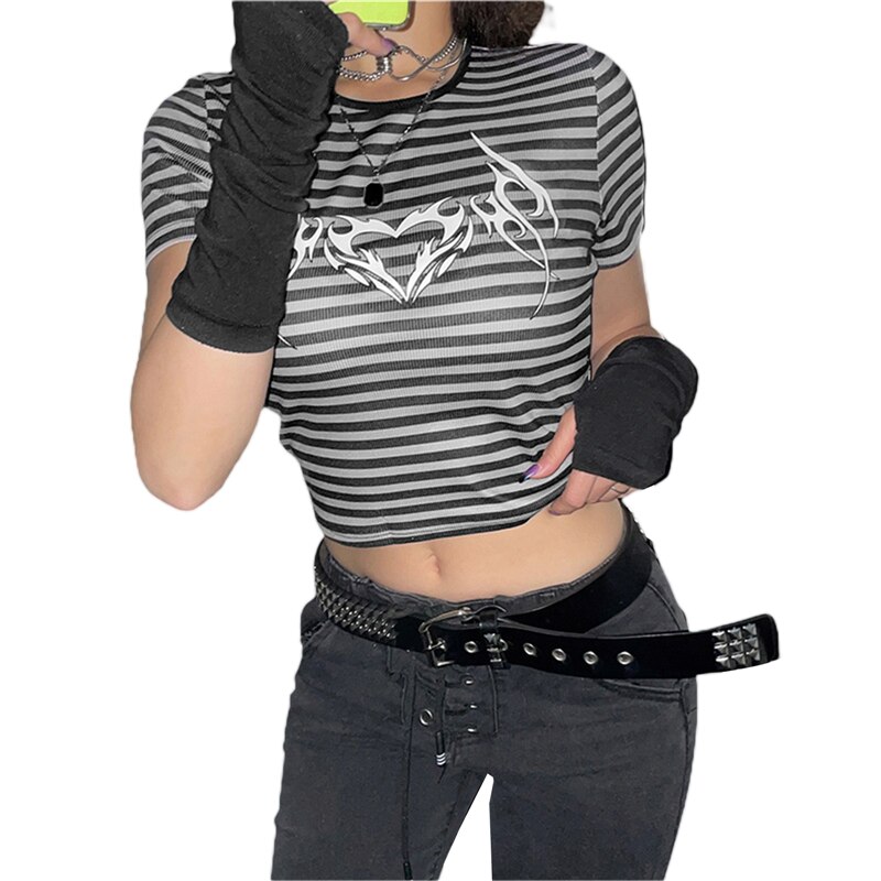 2000s Aesthetic Gothic Tshirt Summer Women Stripe ... – Grandado