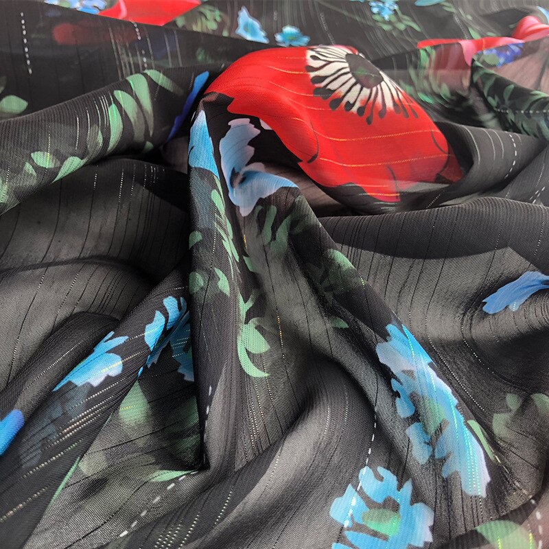 Poppy flower printed gold silk smooth fabric 145 c... – Grandado