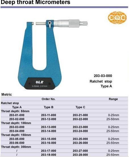 Deep throat Micrometers .Type B 0-25*100mm.0-1inch... – Vicedeal