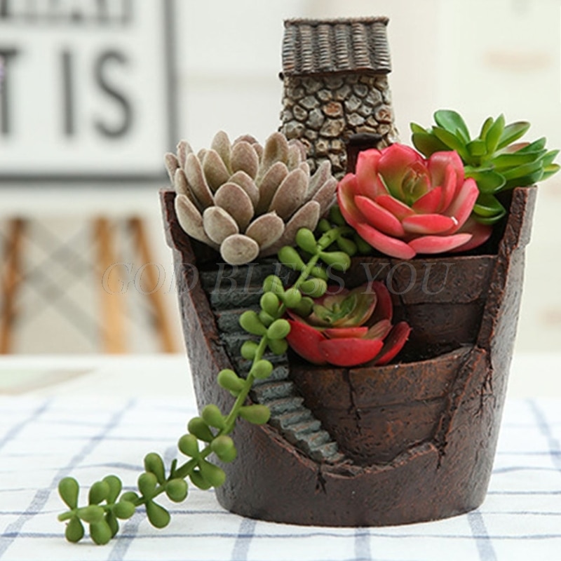Mini House Figurines Resin Flower Pot for Herb Cac... – Grandado