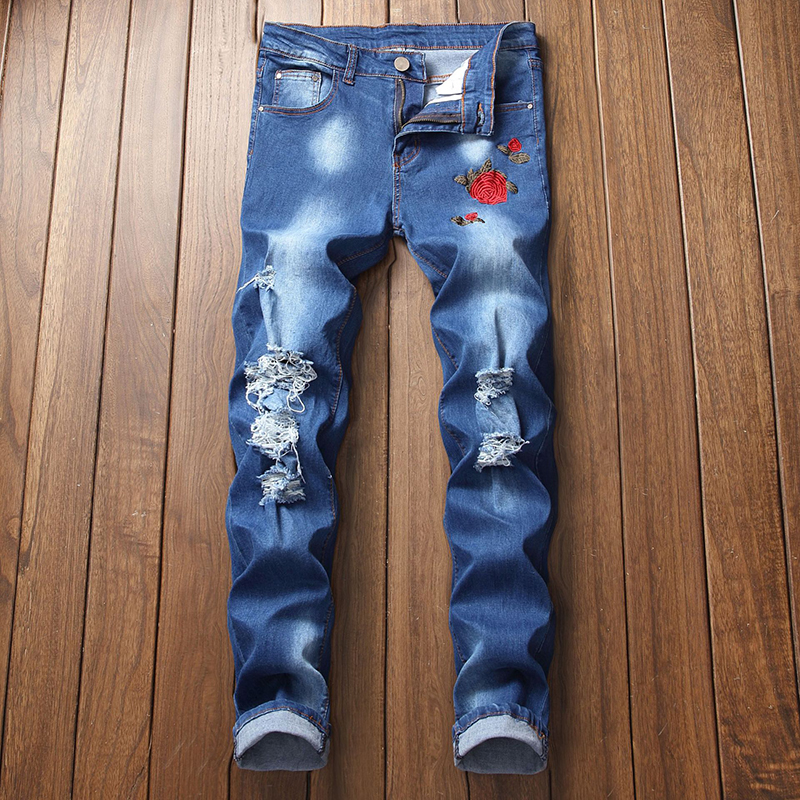 Men ripped denim jeans hole ruined regular jeans p... – Grandado