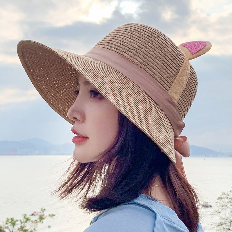 Söta kattöron stor bred brättad strand halmhatt ba... – Vicedeal