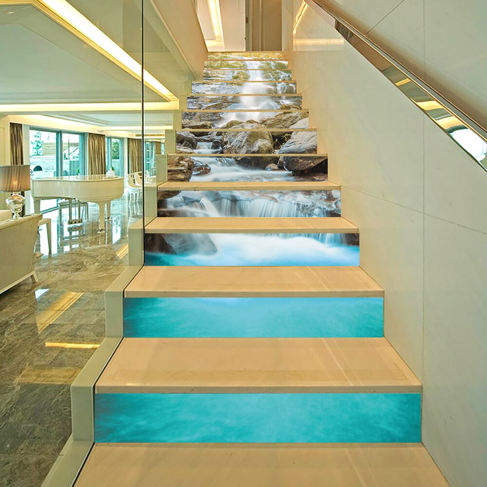 Deep Mountain Waterfall Staircase Sticker For To T... – Grandado