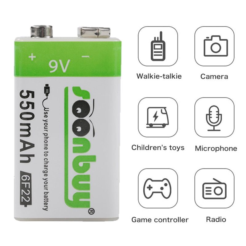 9V 6F22 550mAh li-ion Rechargeable battery Micro U... – Grandado
