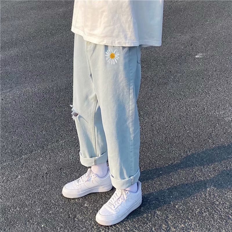 Bleached Blue Jeans Pants Man Japanese Harajuku St... – Grandado