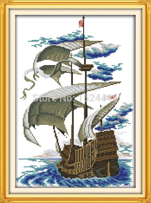 Sailing ship,Pattern Printed on canvas DMC 11CT 14... – Grandado