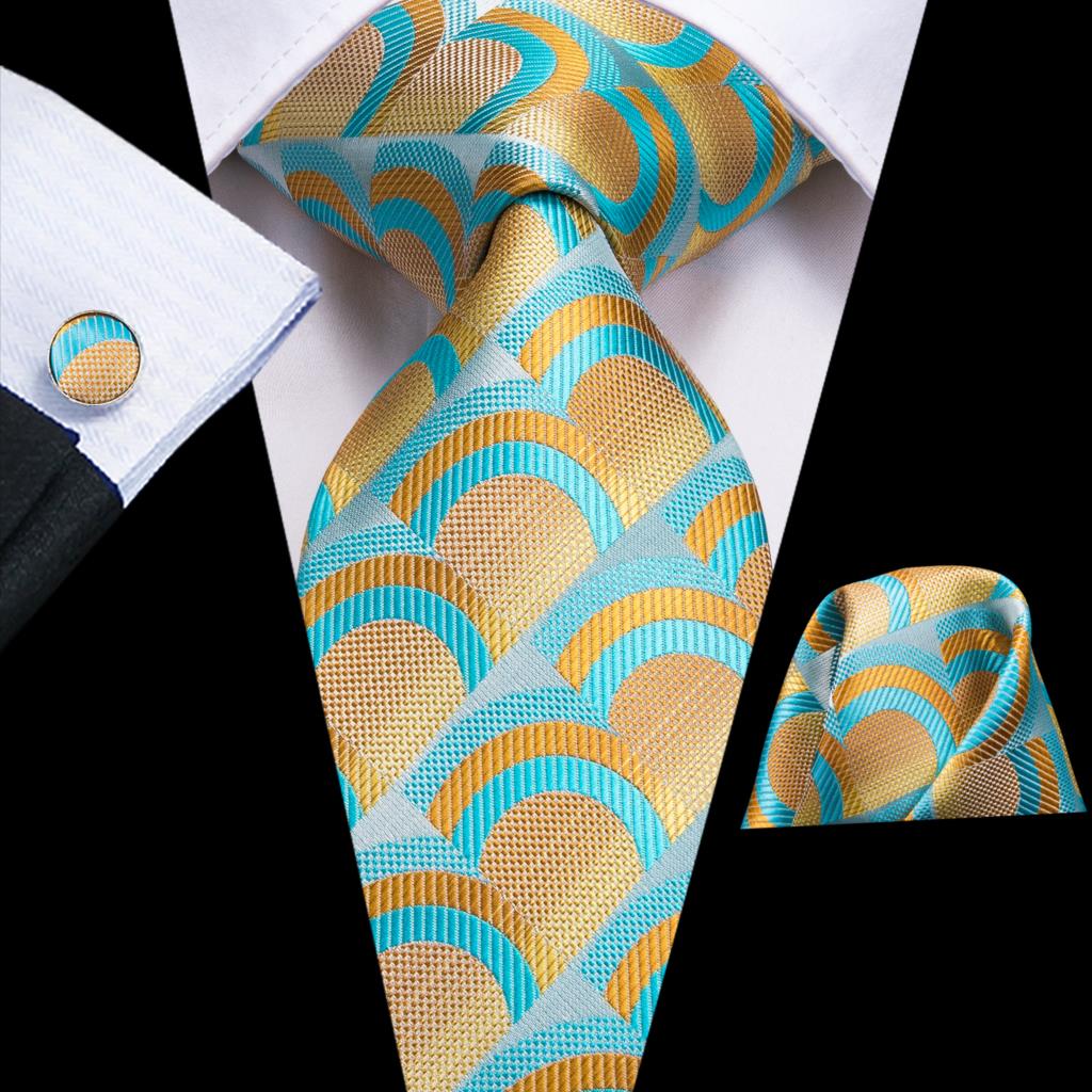 Gold Light Blue Novelty Silk Wedding Tie For Men H... – Grandado