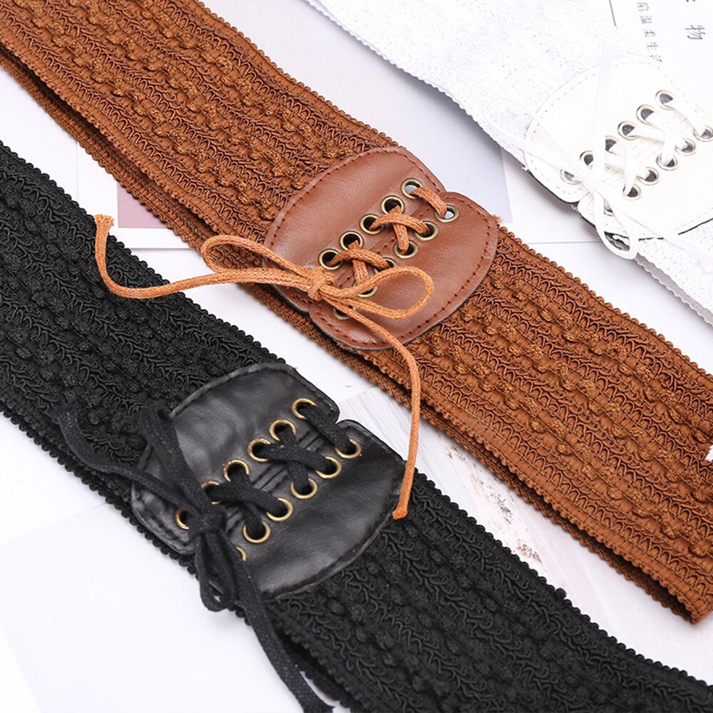 Ladies wide leather drawstring elastic waistband e... – Grandado