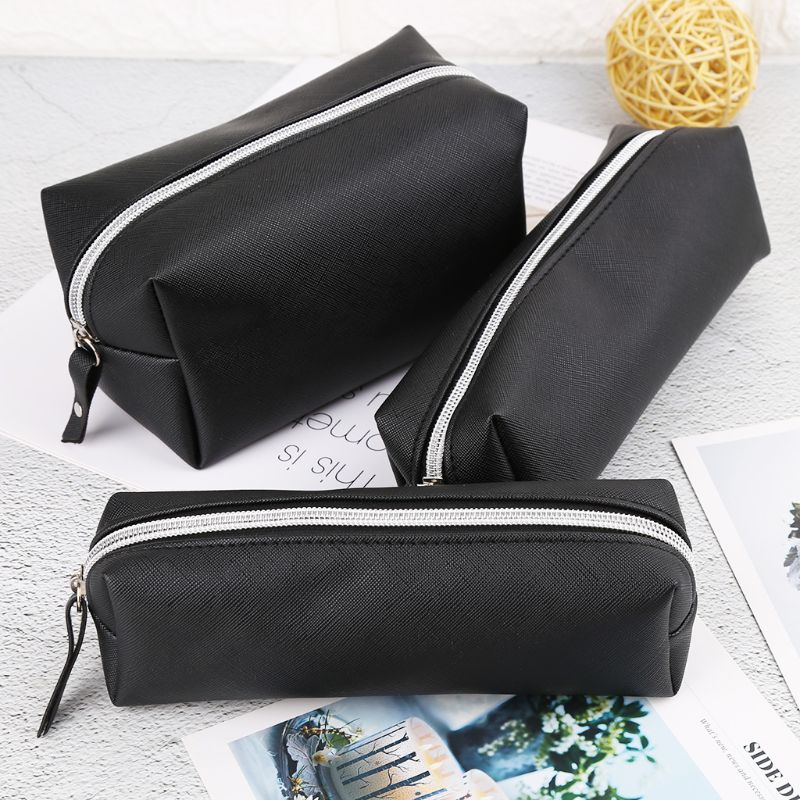 Leather Makeup black Bag Case Pen Pencil Pouch Sta... – Grandado
