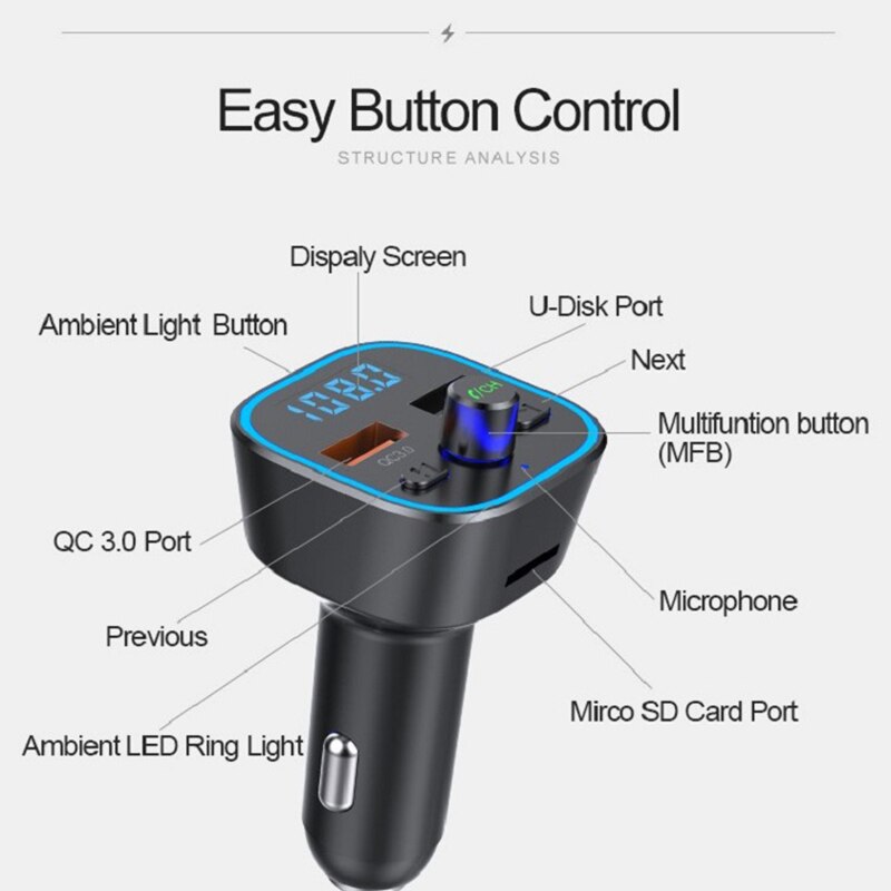Cargador de coche con Bluetooth, reproductor MP3, transmisor FM, adaptador de Radio inalámbrico ...
