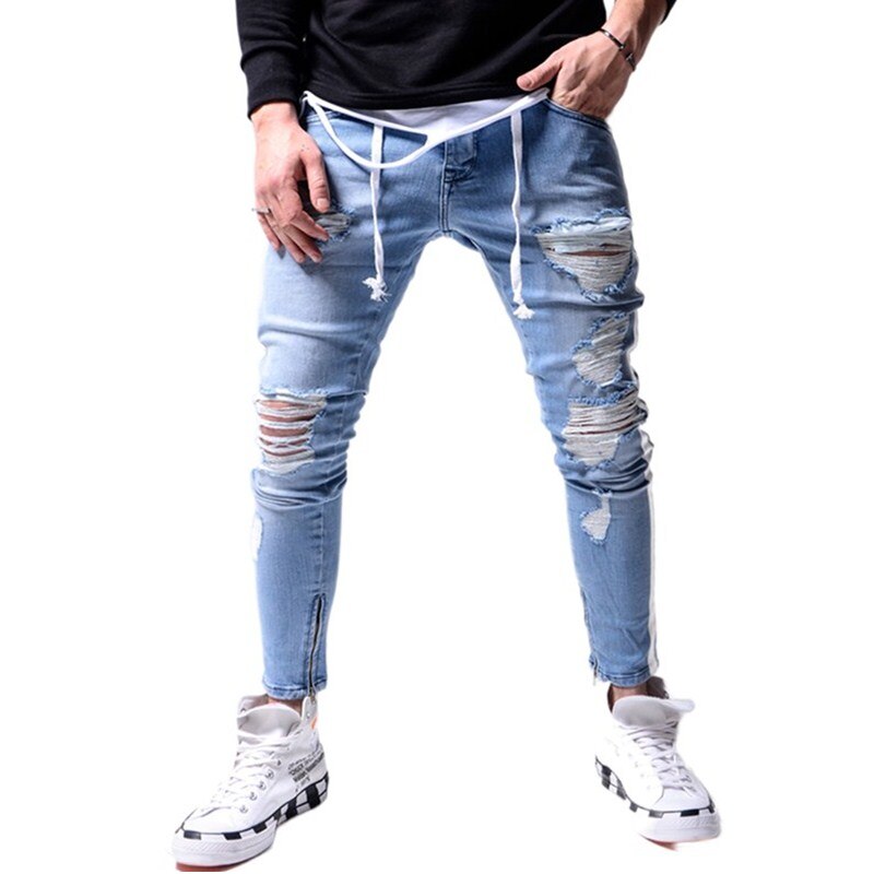 Pantalones vaqueros rasgados ajustados para hombre... – Vicedeal