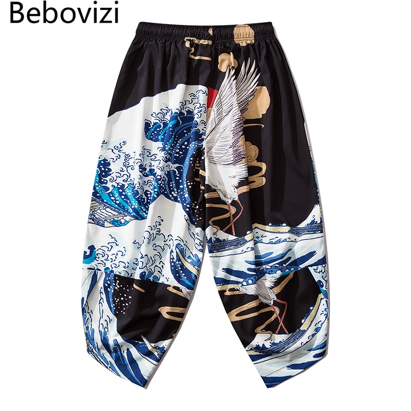 Bebovizi Japanese Waves Crane Print Kimono Pants W... – Grandado