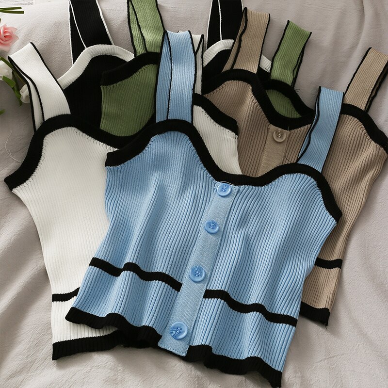Korean color matching stripes crop tops knitted sl... – Vicedeal