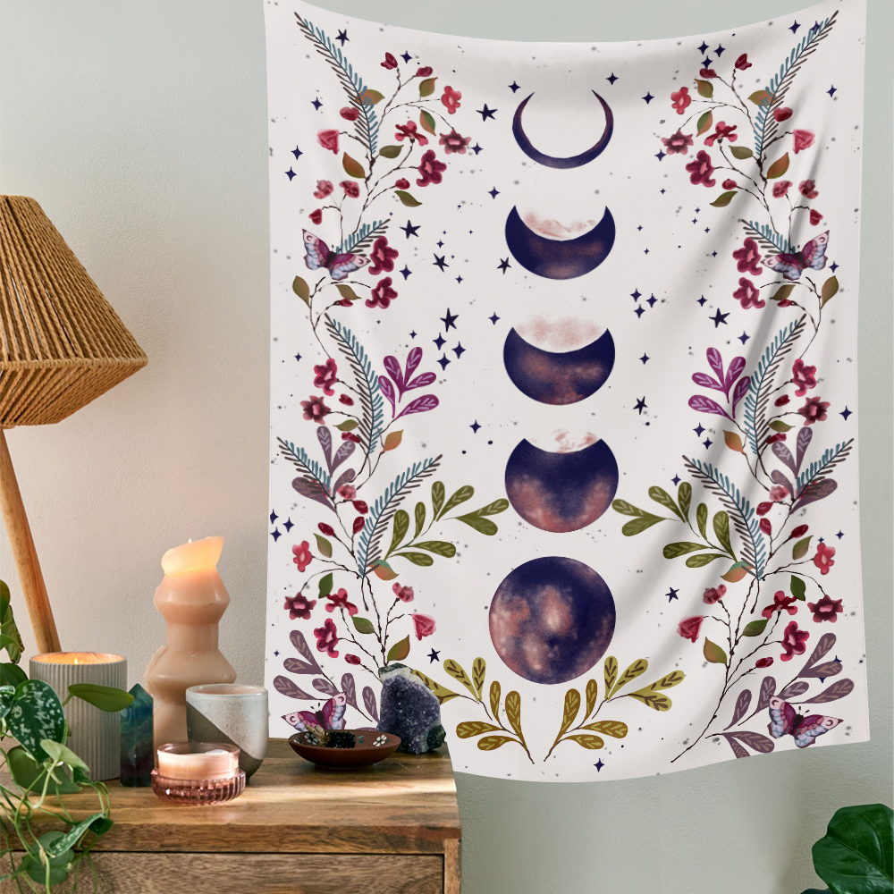 Moon Phase Tapestry Wall Hanging Flowers Moon Blac... – Grandado