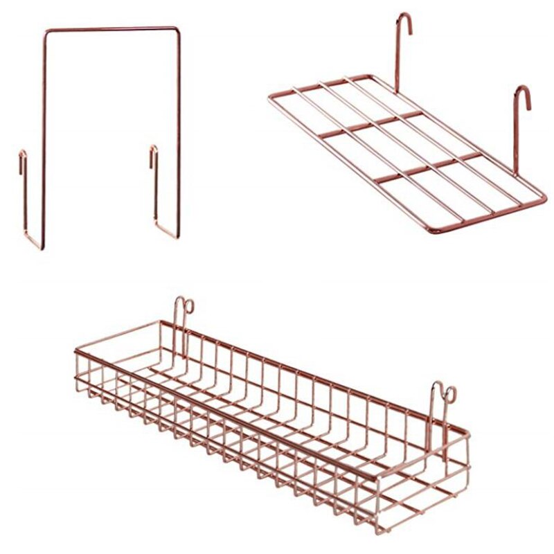 3 Pcs Rose Gold Grid Basket with Hooks Bookshelf D... – Grandado