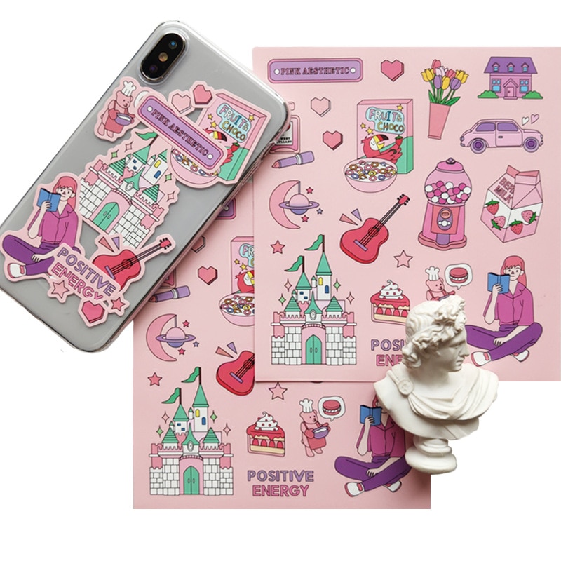 Pink Girlhood Cute Stickers Mobile phone Backgroun... – Grandado