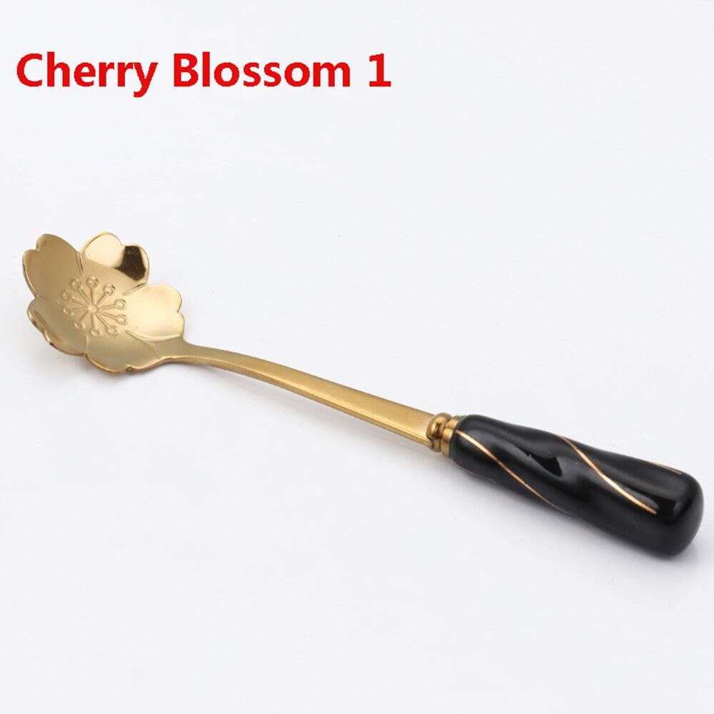 Cherry Blossom Rose Flower Spoon Gold Silk Ceramic... – Grandado