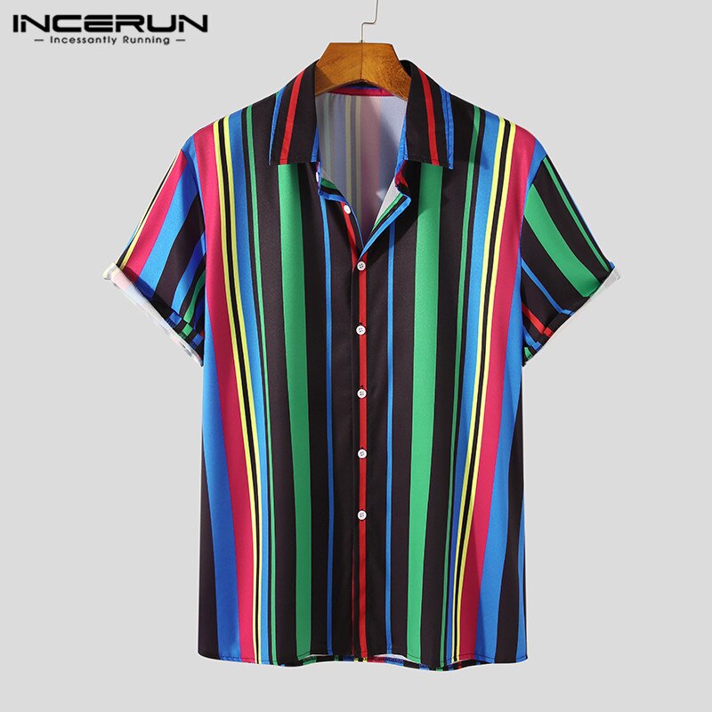 Striped Men Shirts INCERUN Short Sleeve Lapel Cami... – Vicedeal