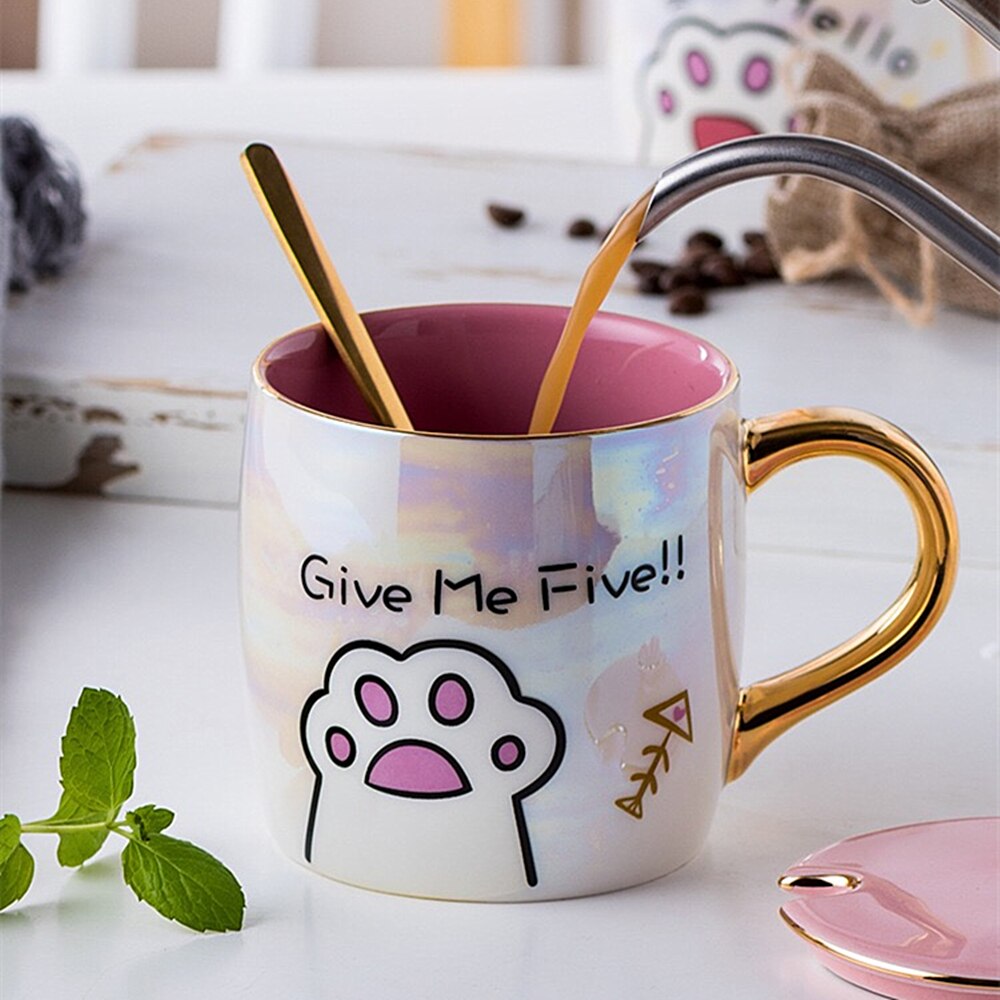 Cartoon Ceramics Cat Mug With Lid and Spoon Coffee... – Grandado