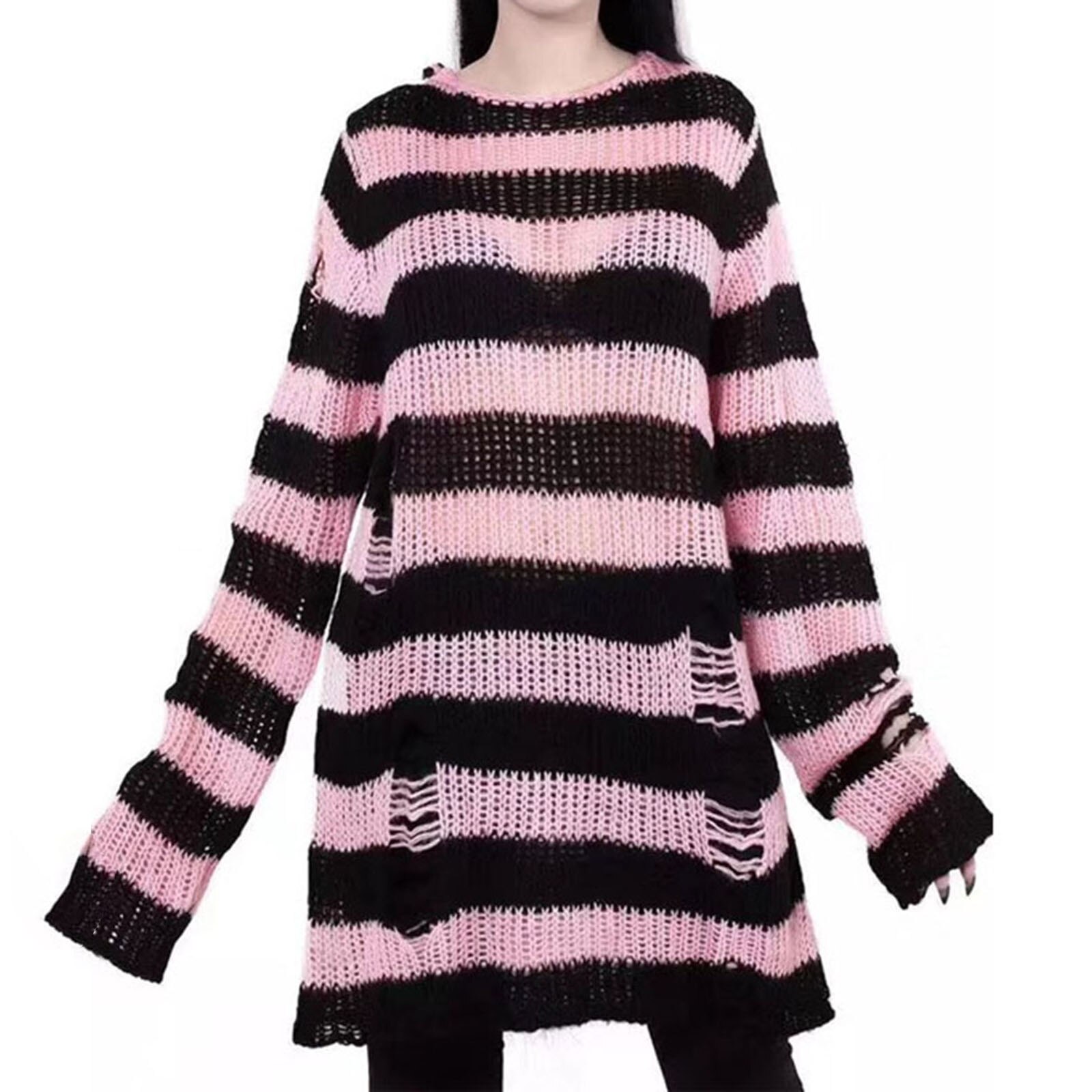 Punk Gothic Striped Long Sleeve Loose Patchwork Wo... – Grandado