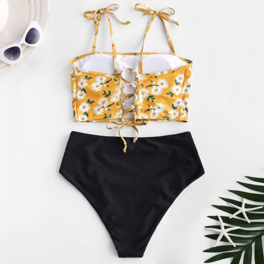 Yellow Print Bikini Set Women Swimsuit Bandage Bra... – Vicedeal