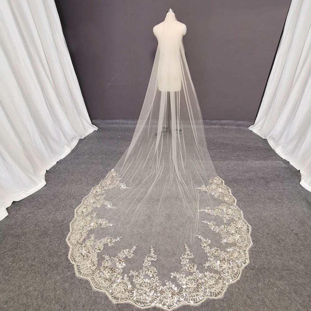 Champagne Lace Long Wedding Veil Shine Sequins Lac... – Grandado