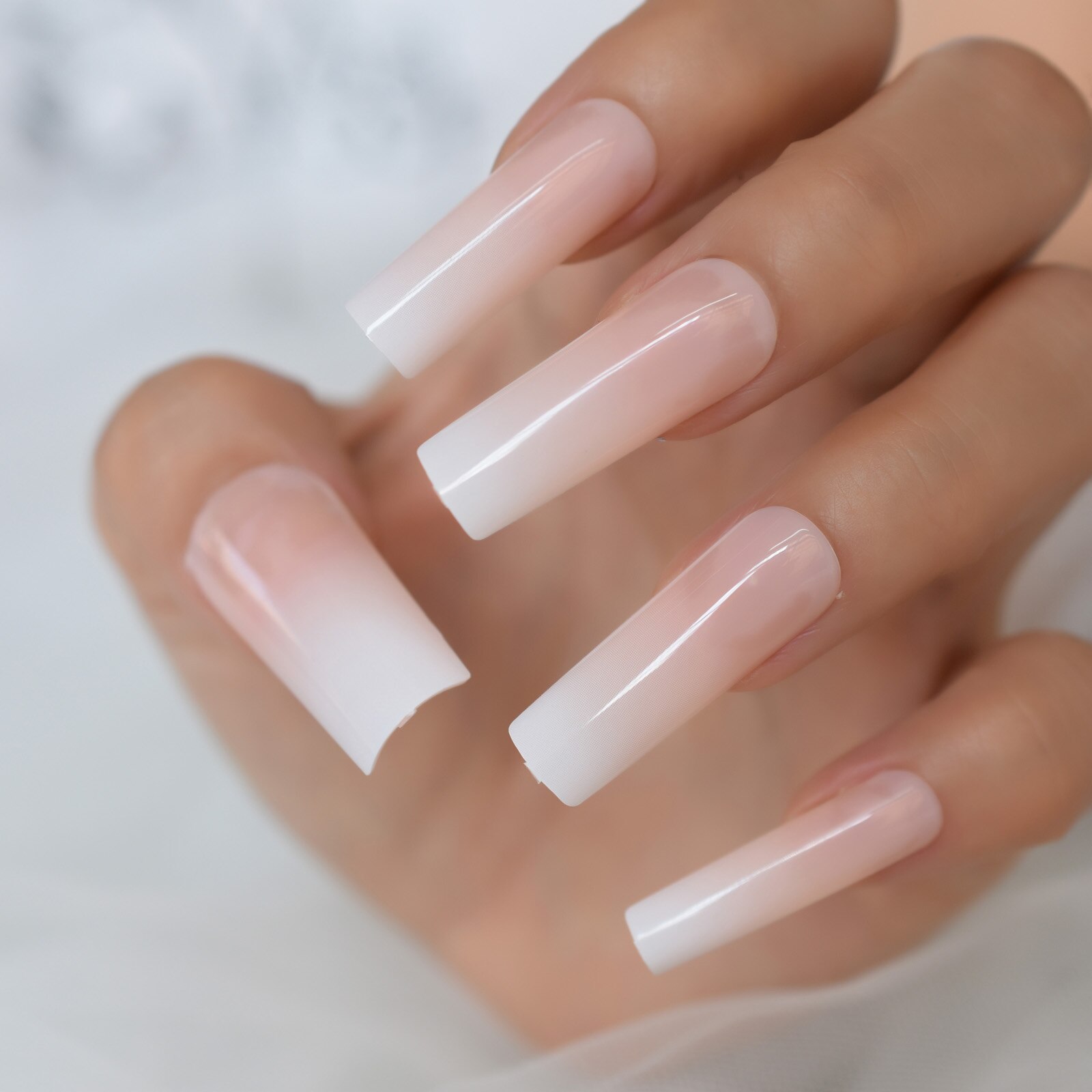 Square False Nails Nude Ombre Gradient French Tips... – Vicedeal