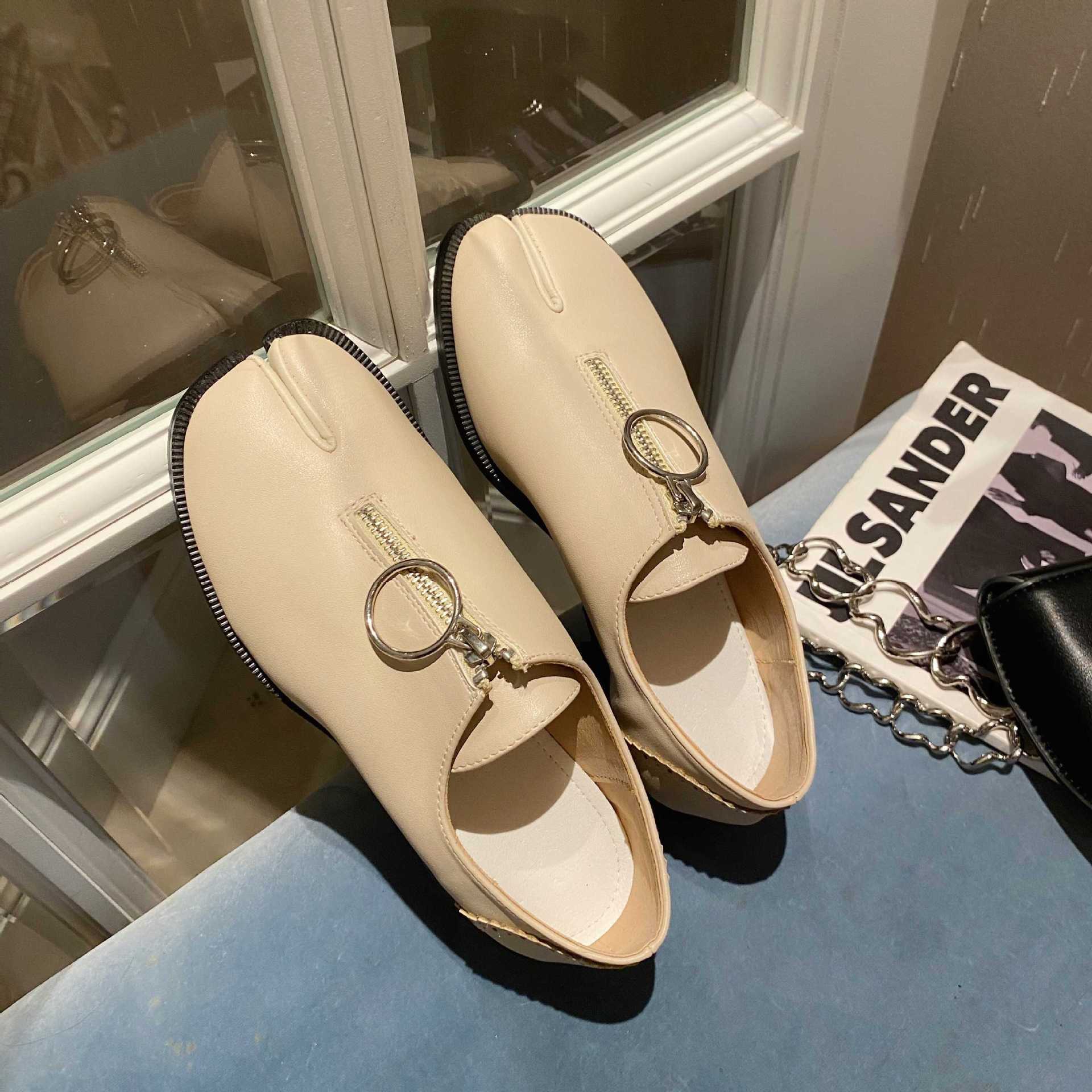 Woman split toe loafers metal zipper slip on mocca... – Grandado