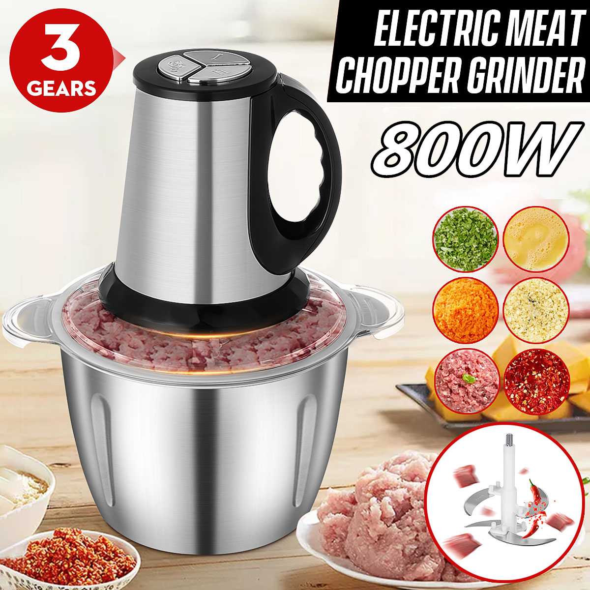800W 3L Stainless Steel Meat Grinder Mixer Blender... – Grandado