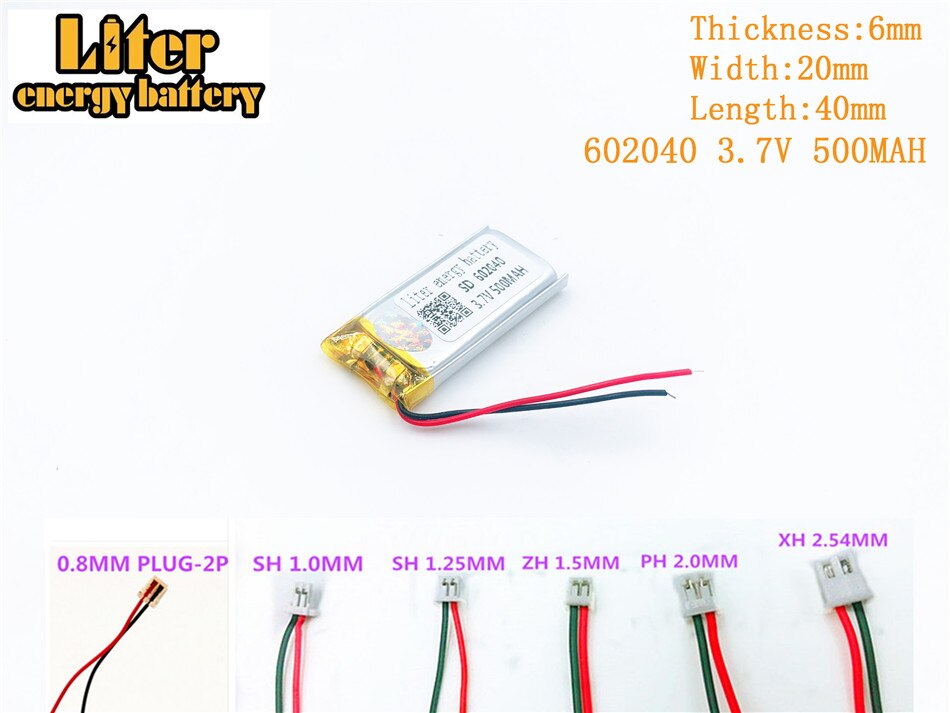 Liter energy battery 3.7V 500mAh 602040 plug Lithium Polymer ...