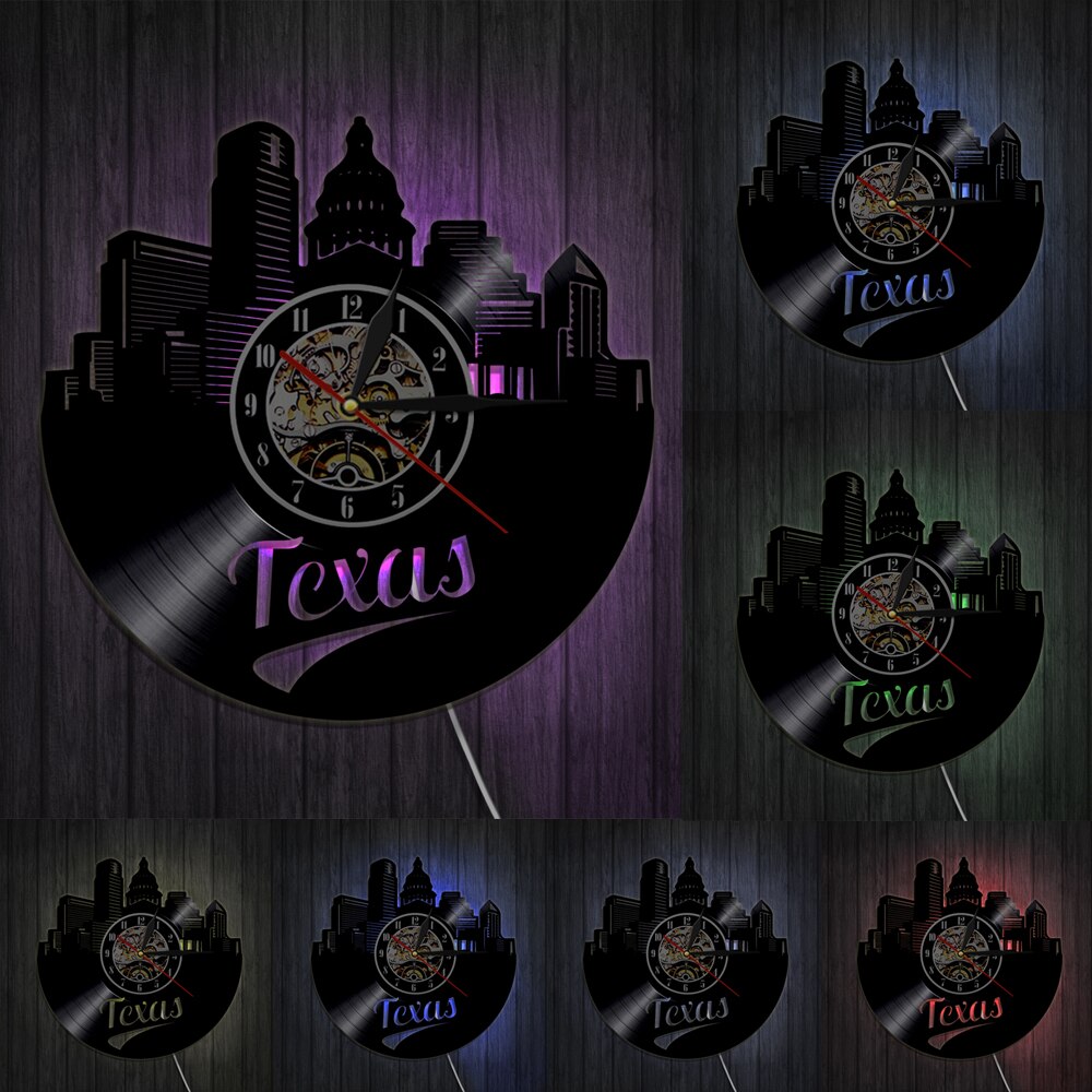 Texas Skyline Vinyl Record Wall Clock Modern Citys... – Vicedeal