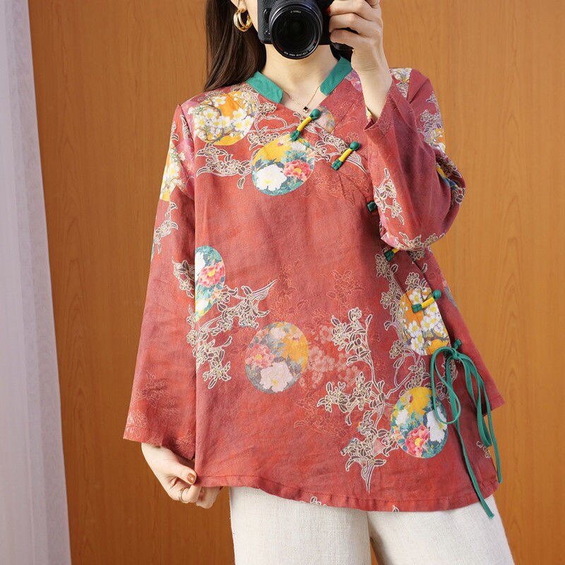 Cotton Linen Cheongsam Top Women Printing Retro Ch... – Grandado