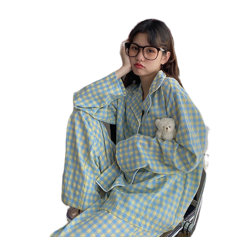 CAIYIER Green Grid Women Pajama Set Korean Style L... – Grandado