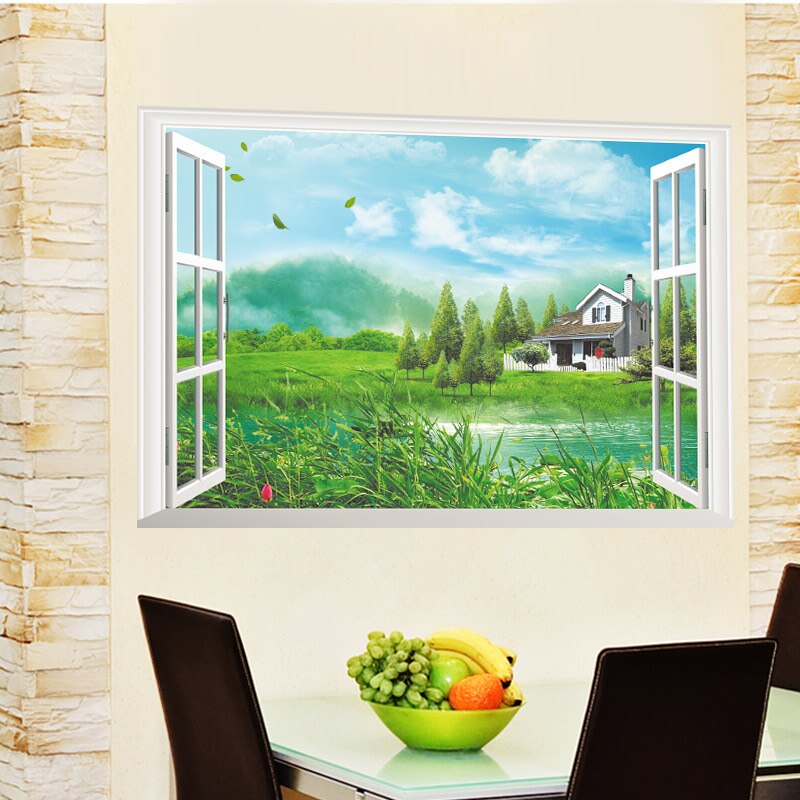 Nature Mountains Lake House Tree 3D Window View Li... – Grandado