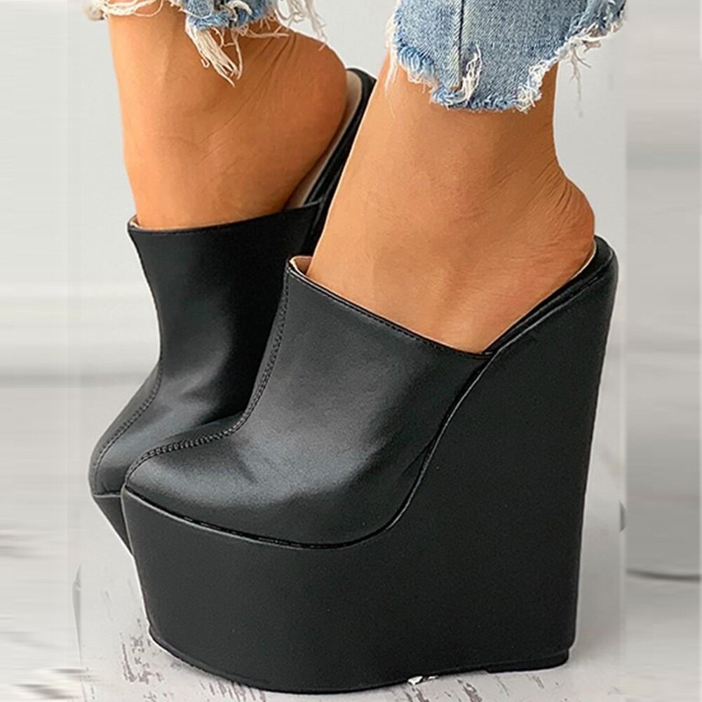 BONJOMARISA Lady High Wedges Slip On Pumps Black P... – Grandado
