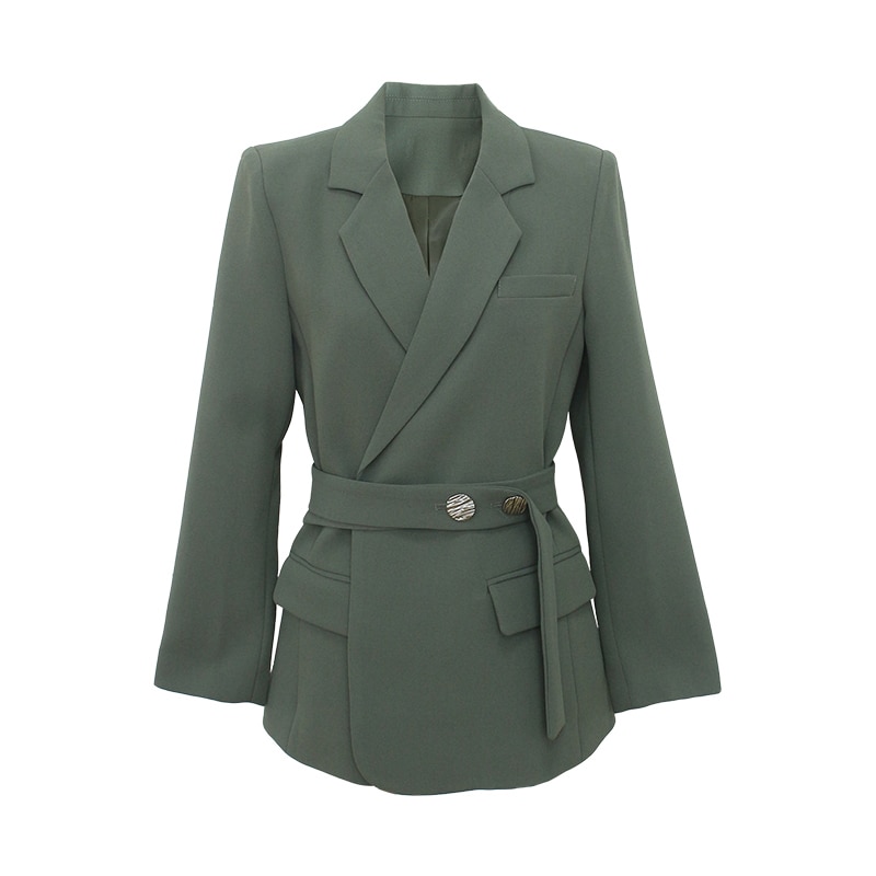 [EAM] Women Green Waistband Button Split Blazer La... – Grandado