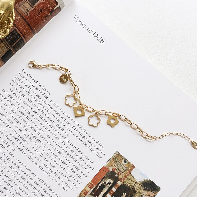 Square daisy charm Stainless steel link chain brac... – Grandado